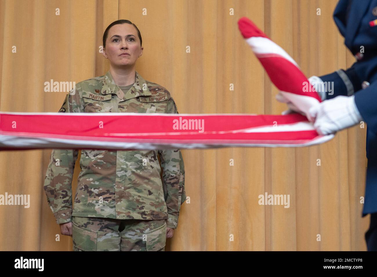 The Joint Base Langley-Eustis honor guard performs the ceremonious flag ...