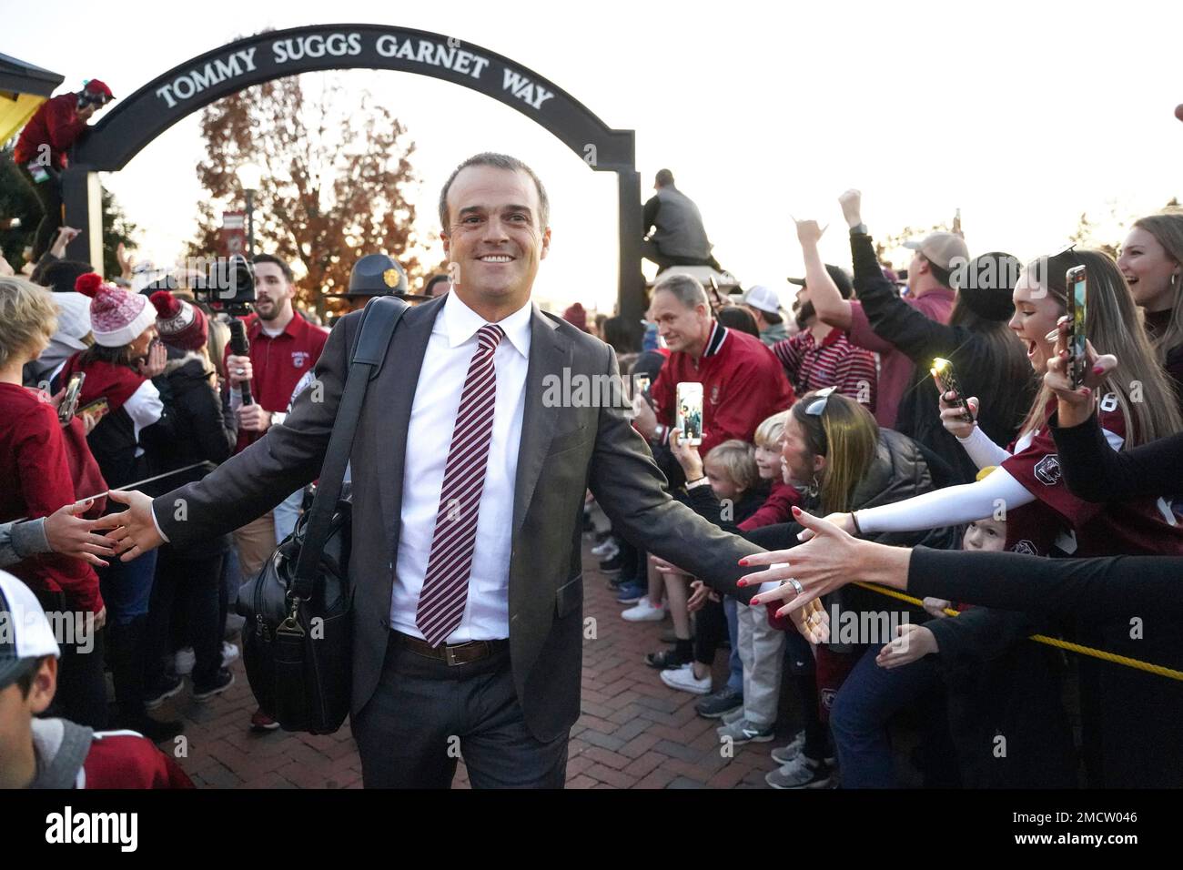 South Carolina head coach Shane Beamer greets fans on his arrival at ...