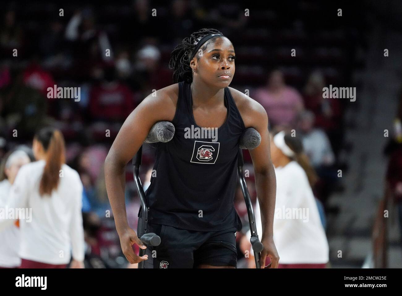 South Carolina guard Raven Johnson watches warm-ups before an NCAA ...