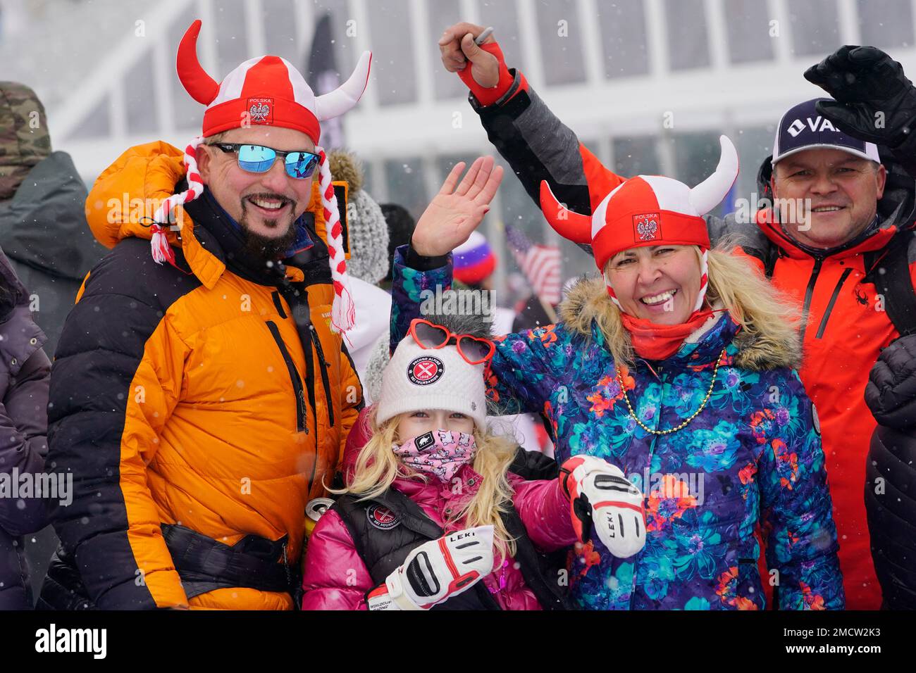 Fans pose as they cheer during a women's World Cup giant slalom ski ...