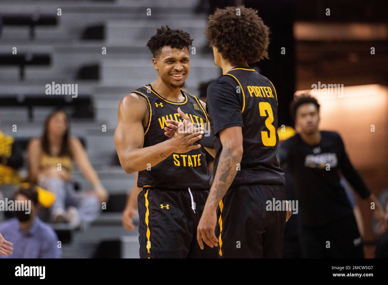 Wichita State's Tyson Etienne, left, celebrates a basket with teammate ...
