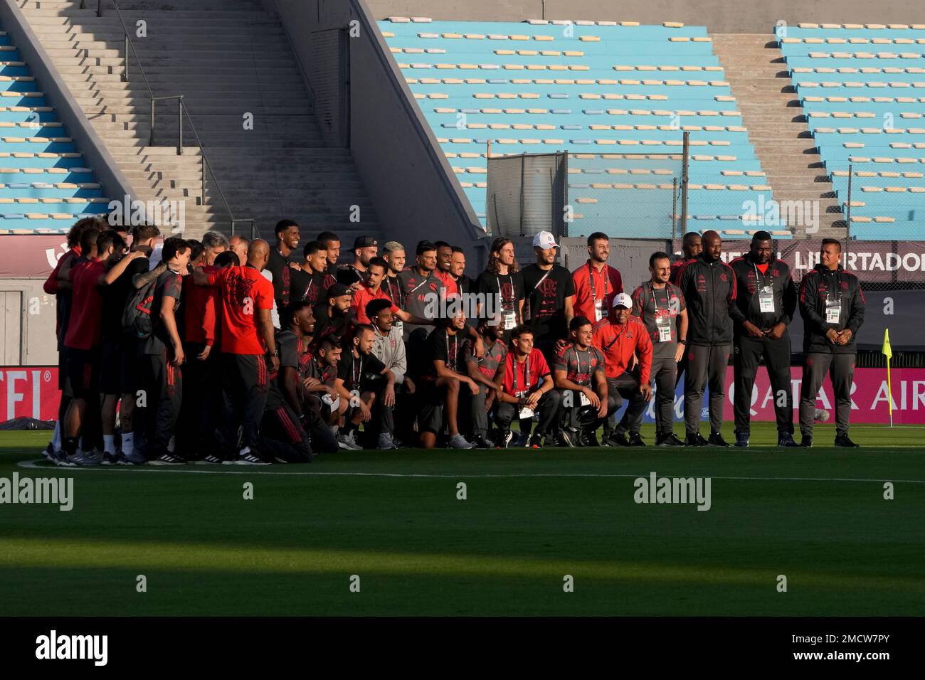 Flamengo team members pose for a group photo at the Centenario stadium ...