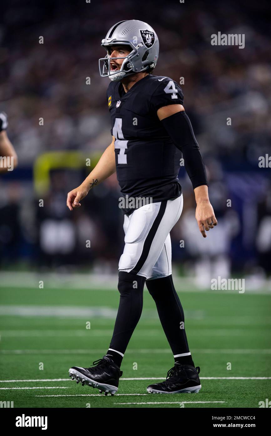 Las Vegas Raiders quarterback Derek Carr (4) looks on during an NFL ...