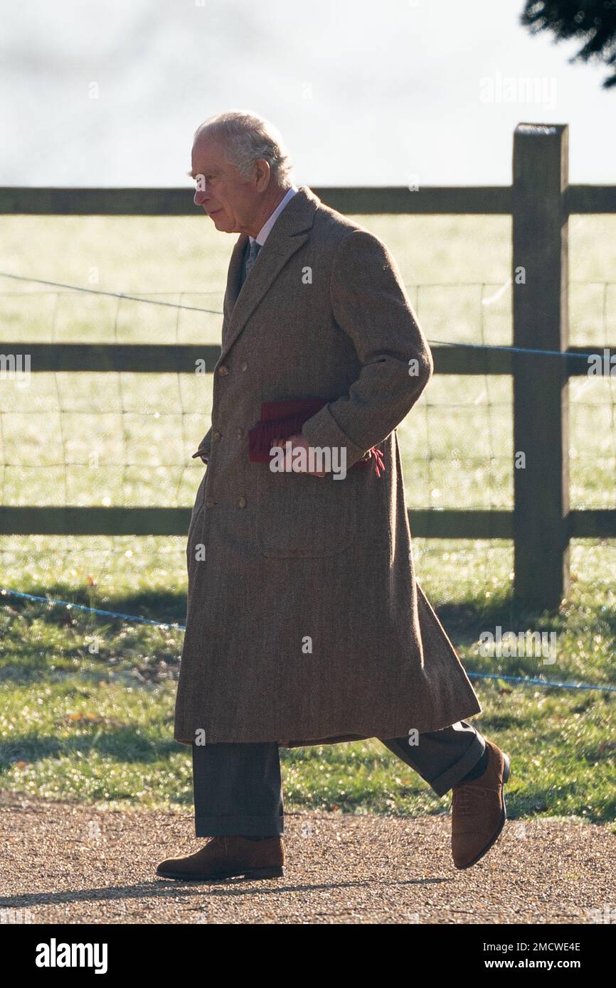 King Charles III after attending a church service at St Mary Magdalene ...