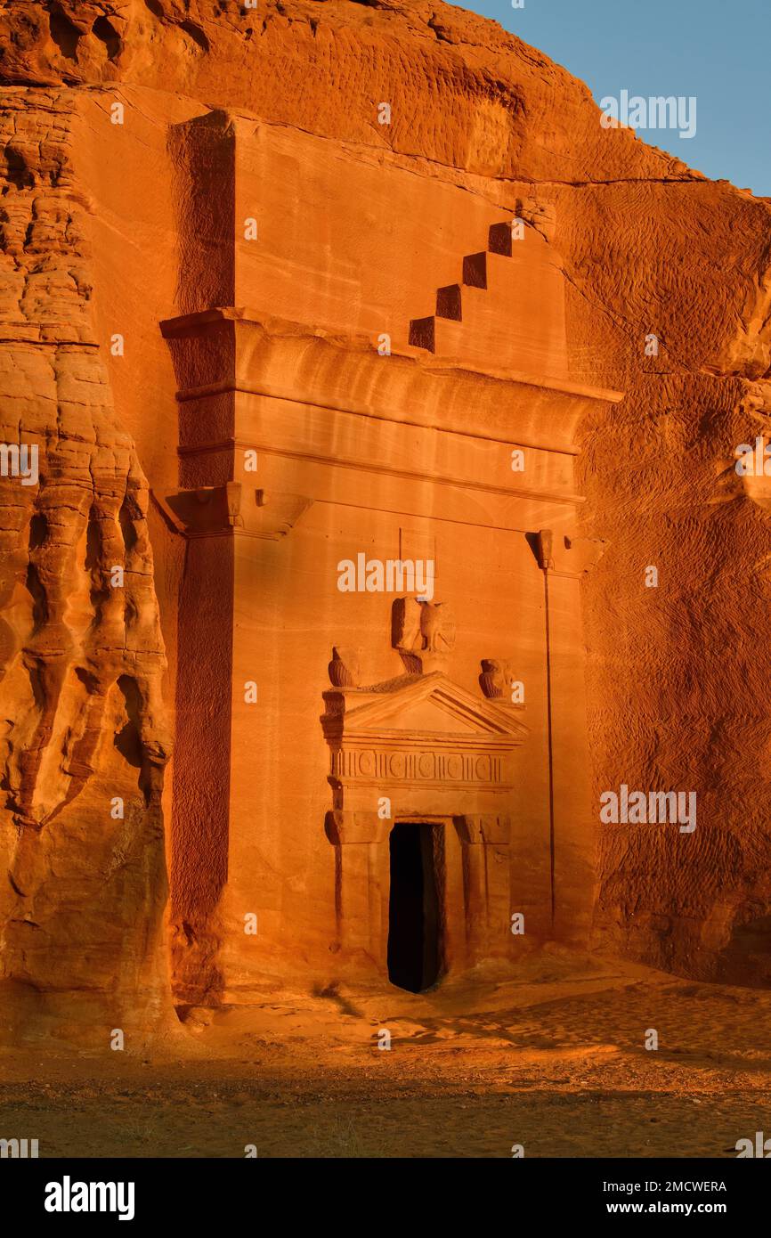 Nabataean tomb at Djabal Khraymat in first daylight, Hegra or Mada'in ...