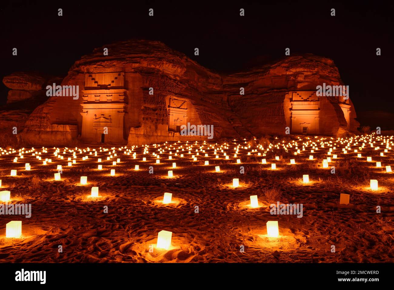Illuminated Nabataean tombs at night, Hegra or Mada'in Salih, AlUla ...