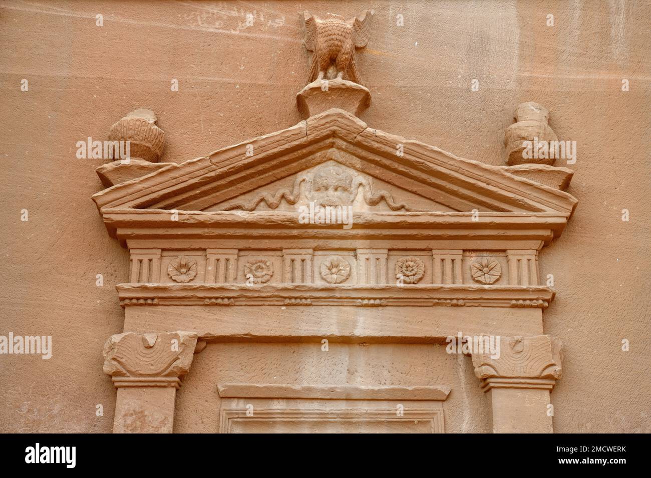 Detail of a Nabataean tomb at the rock Qasr Al-Bint, Hegra or Madain ...