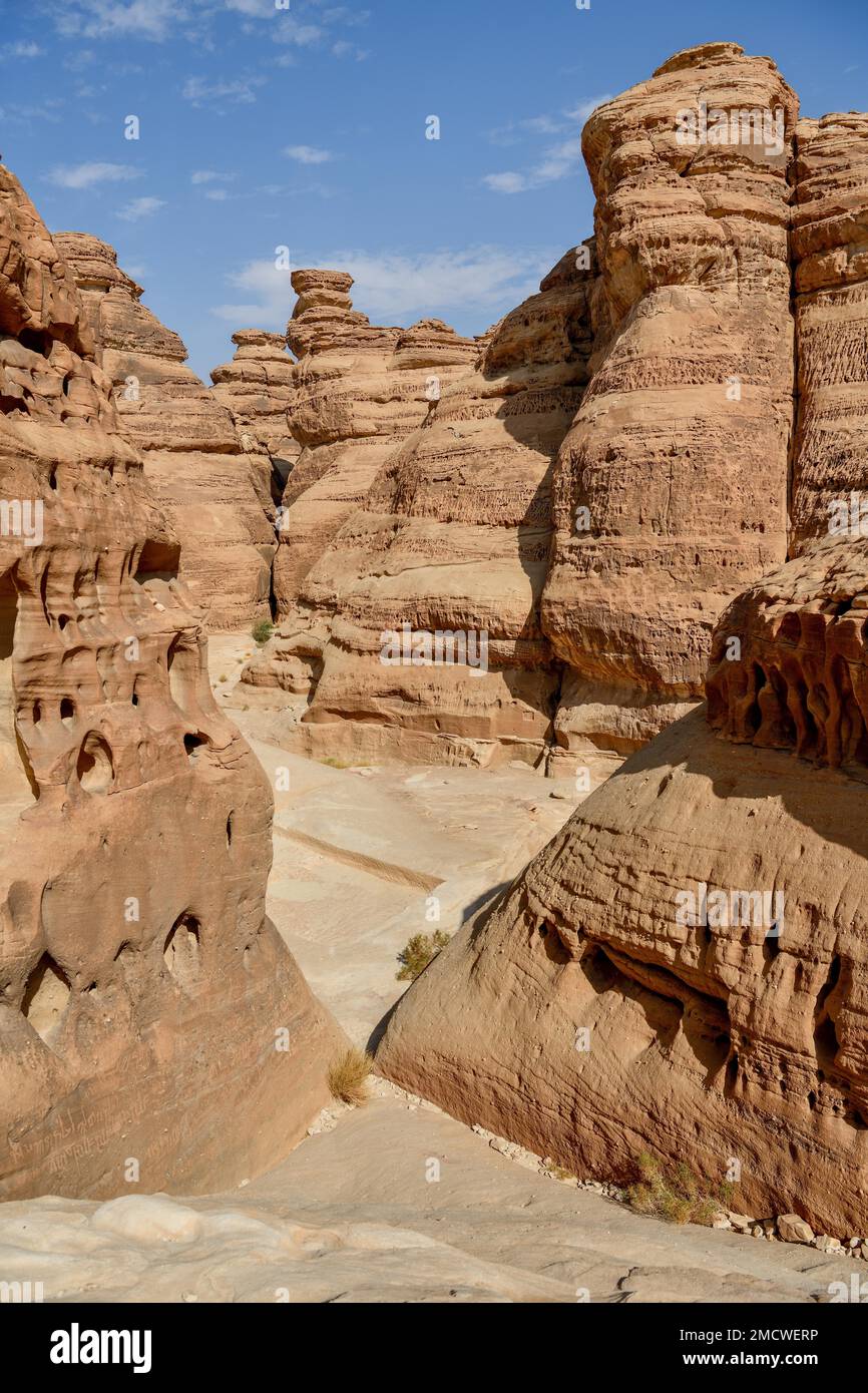Rock landscape at Jabal Ithlib, Hegra or Madain Salih, AlUla region ...