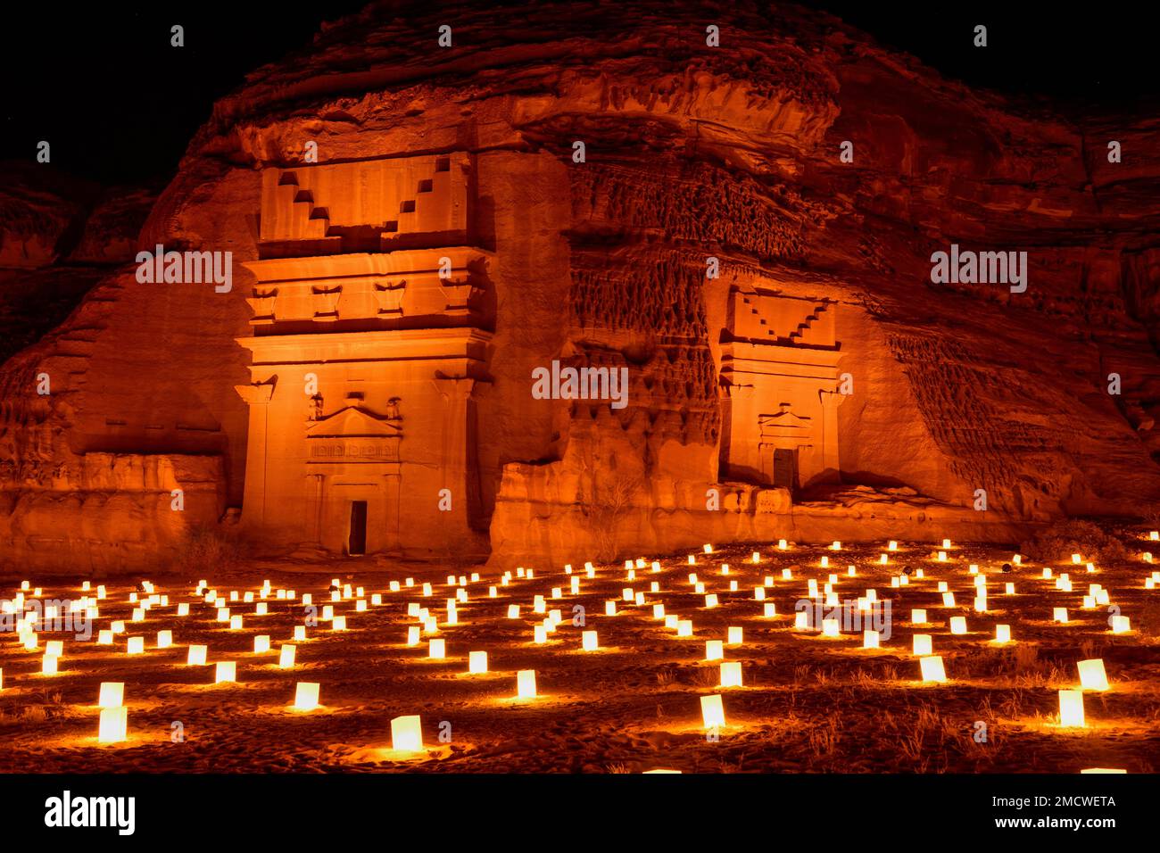 Illuminated Nabataean tombs at night, Hegra or Madain Salih, AlUla ...