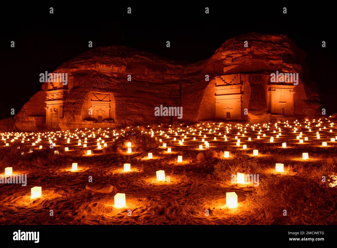 Illuminated Nabataean tombs at night, Hegra or Mada'in Salih, AlUla ...