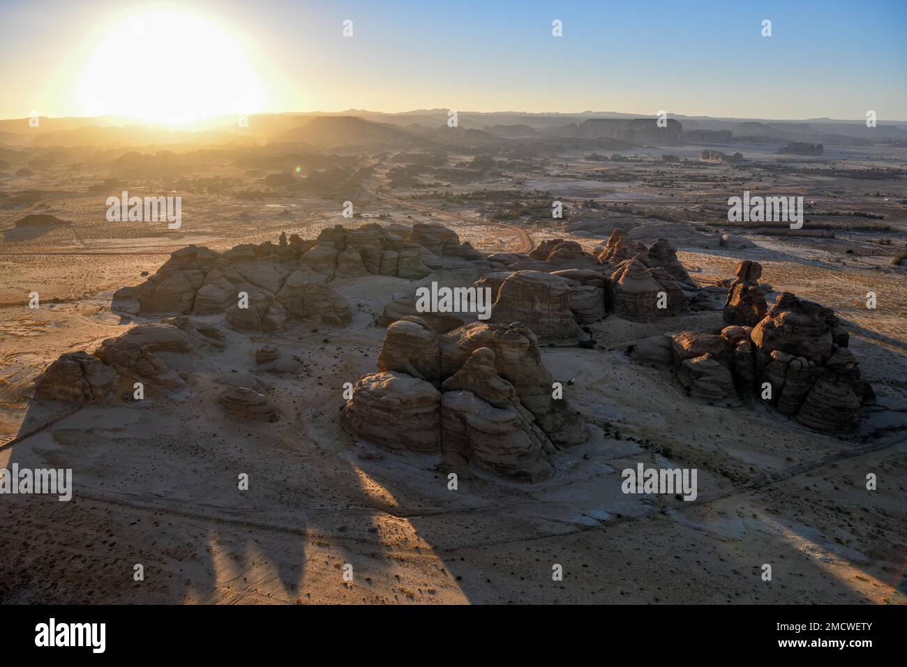 Rock landscape at Jabal Ithlib, blue hour, aerial view, Hegra or Mada ...