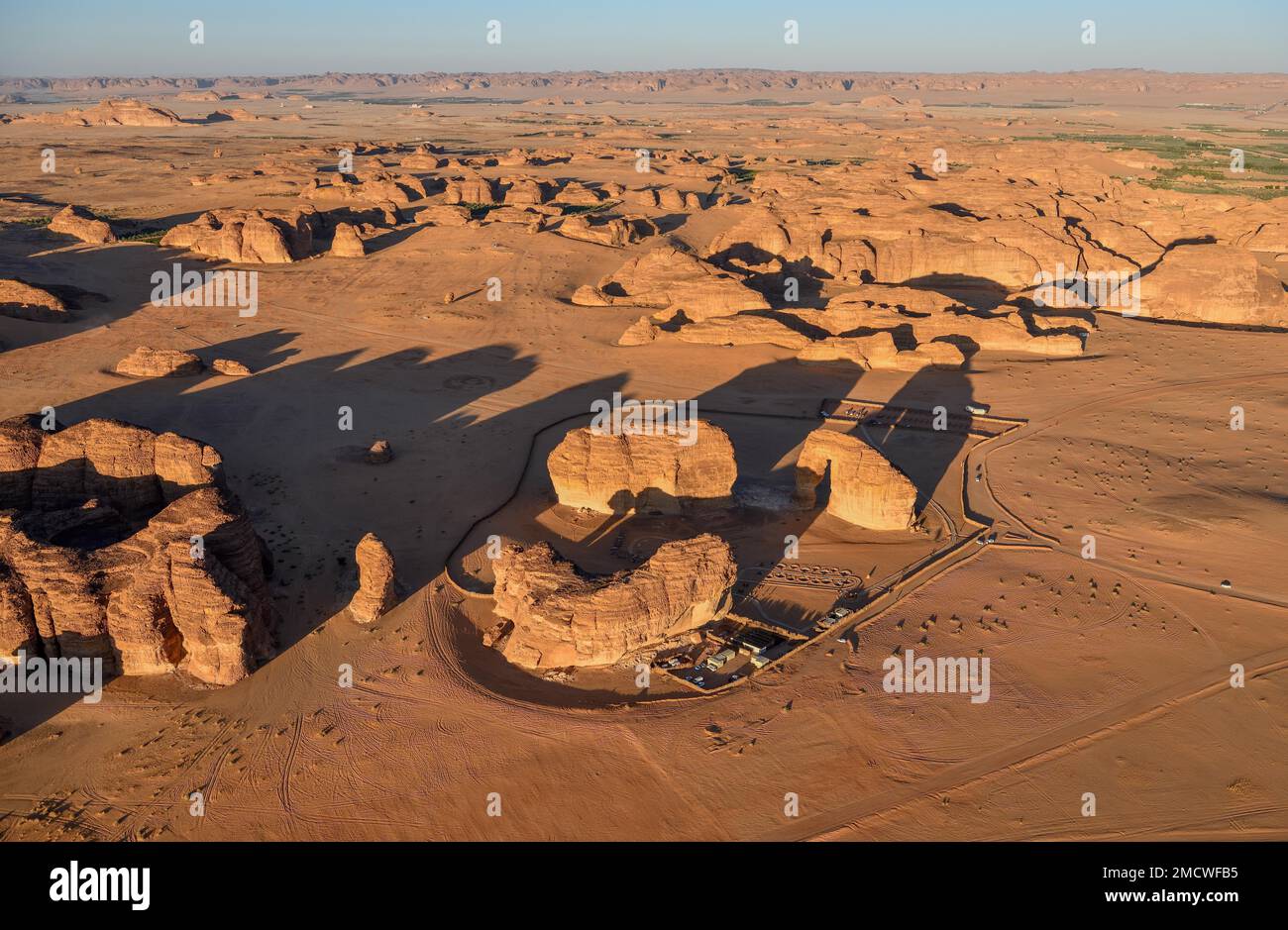 Elephant Rock or Elephant Rock, blue hour, aerial view, AlUla, Medina ...