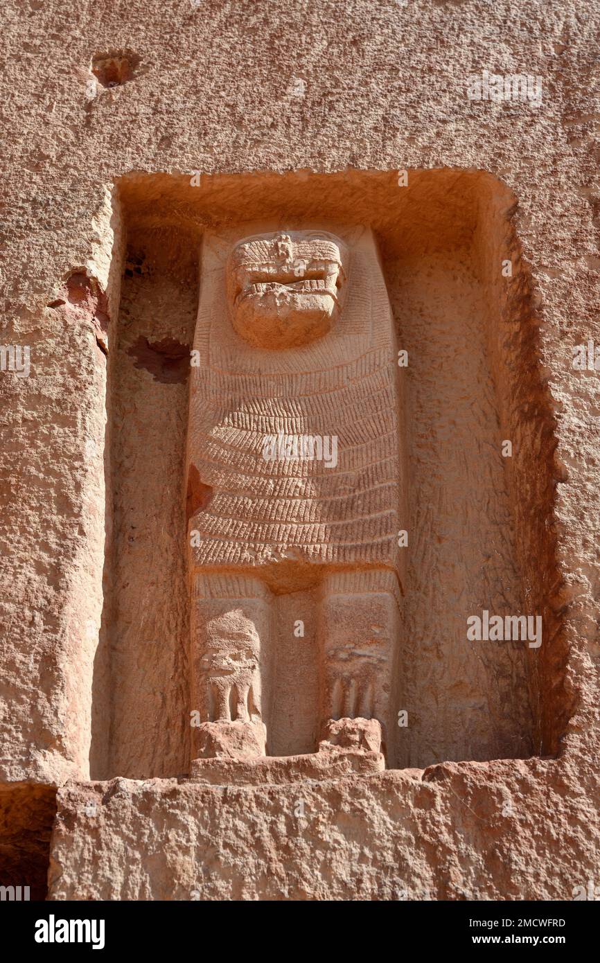 Lion tombs in the rocks of al-Khuraybah, detail, Dadan or Dedan, near ...