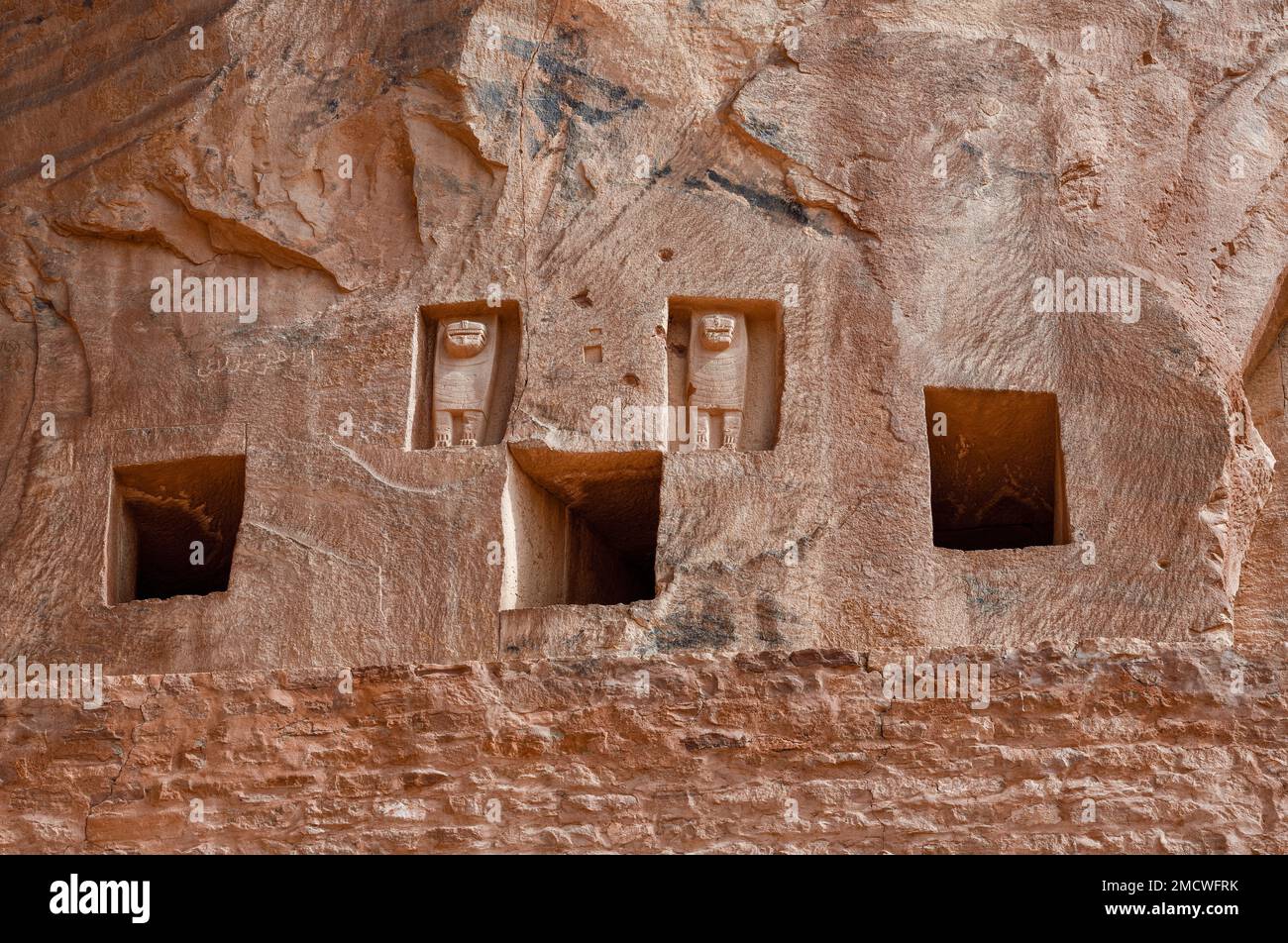 Lion tombs in the rocks of al-Khuraybah, Dadan or Dedan, near AlUla ...