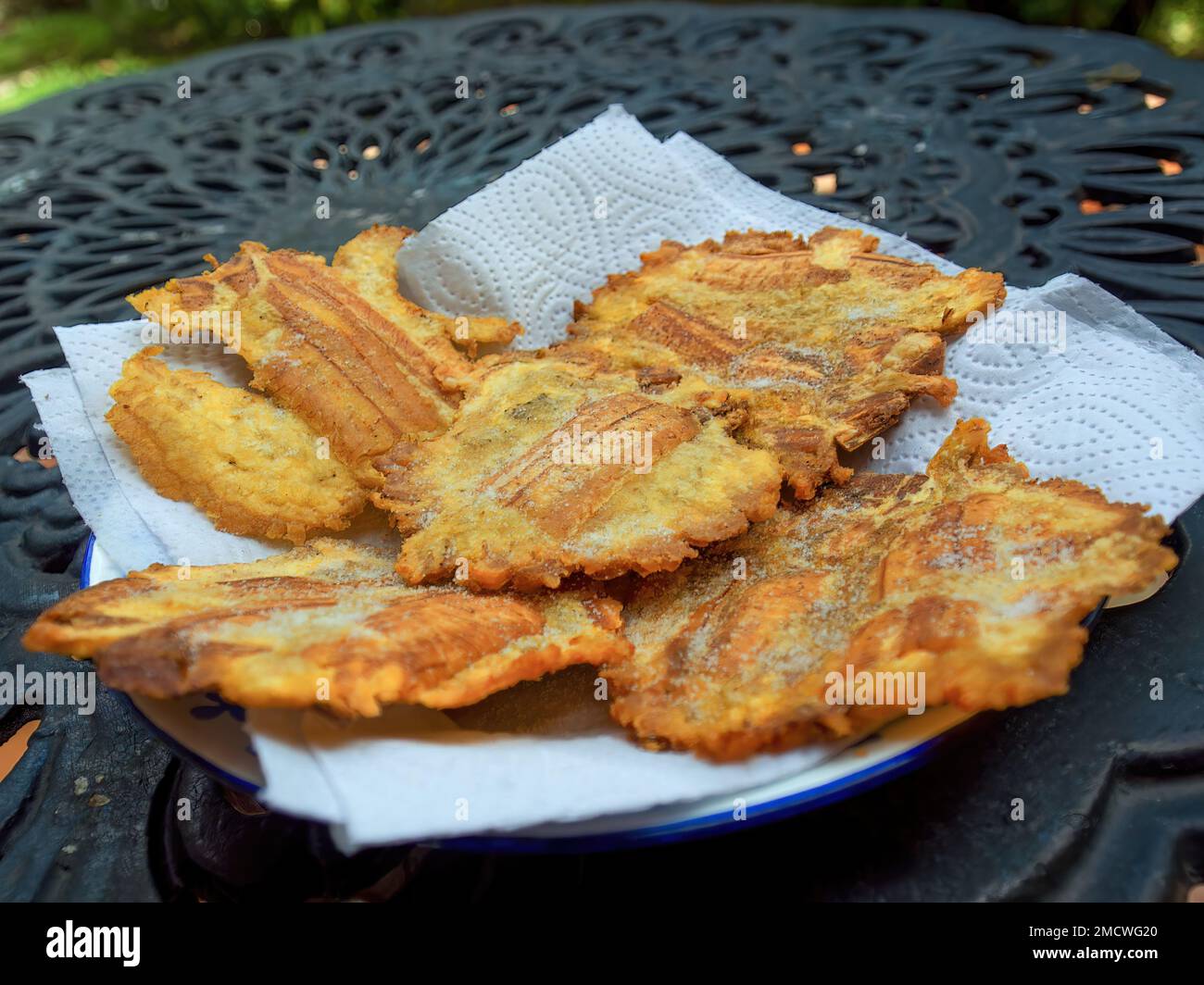 Close-up photography of a plate with freshly fried tostones with salt ...