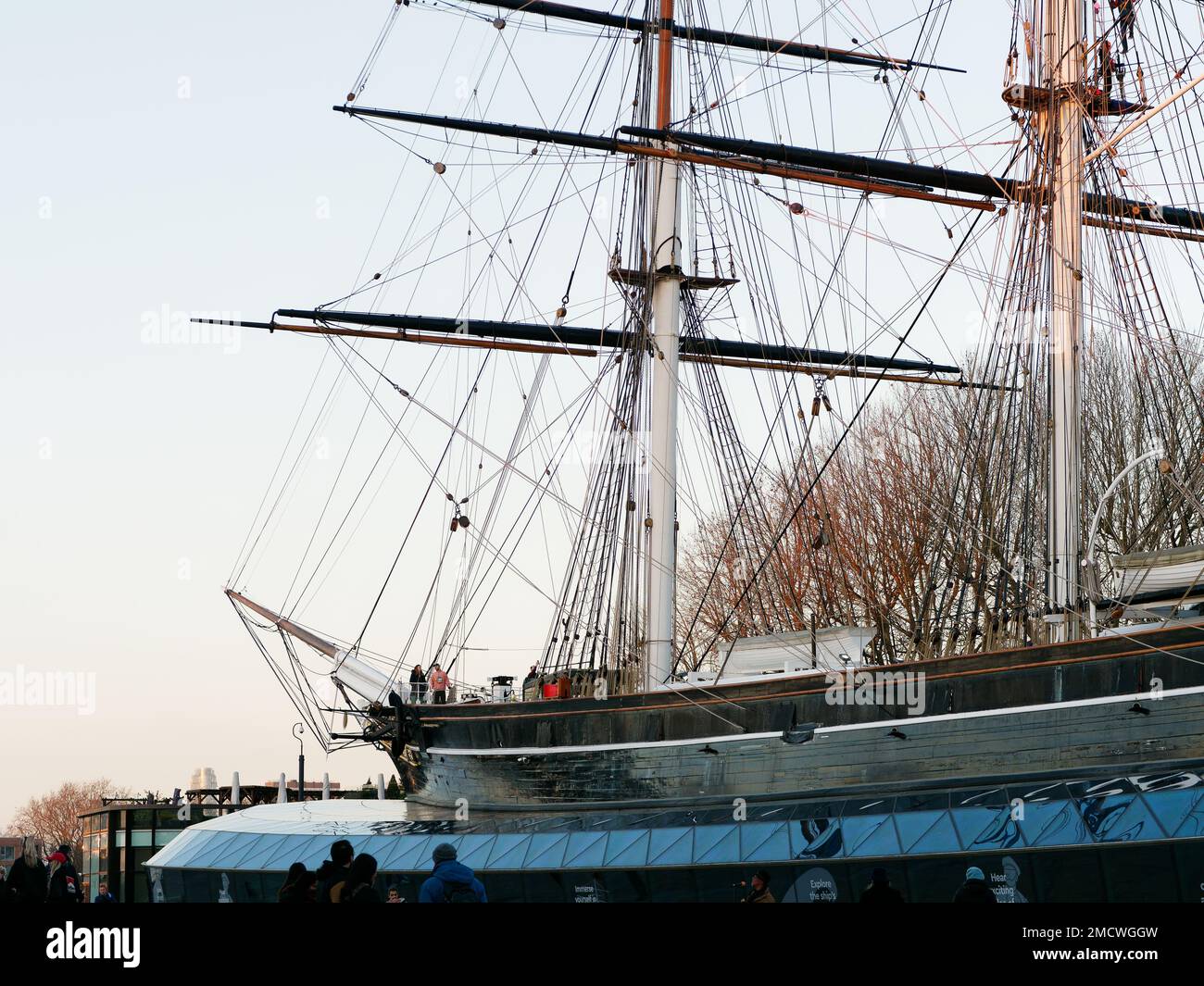 People on the Cutty Sark historic tall ship which is now a museum piece ...