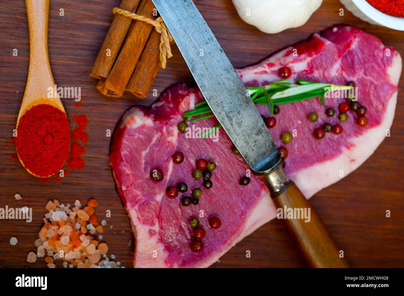 Raw uncooked ribeye beef steak butcher selection Stock Photo - Alamy