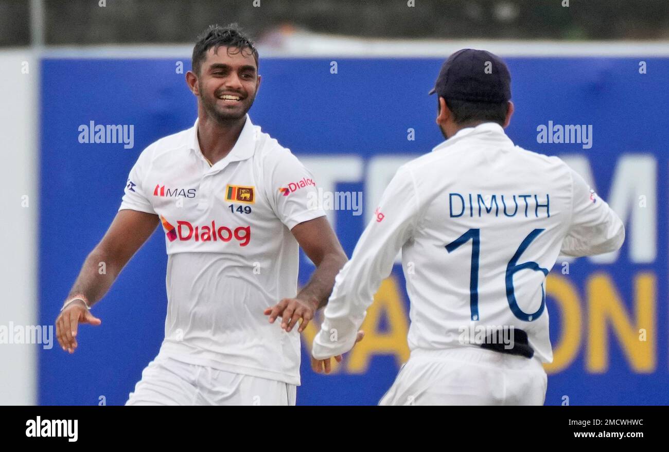 Sri Lankan bowler Lasith Embuldeniya, left, celebrates the wicket of ...