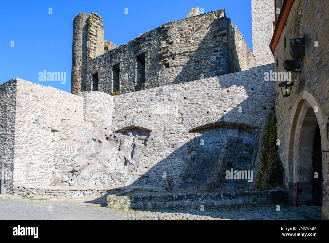 View of ruins of Cologne castle in double castle Buerresheim from ...