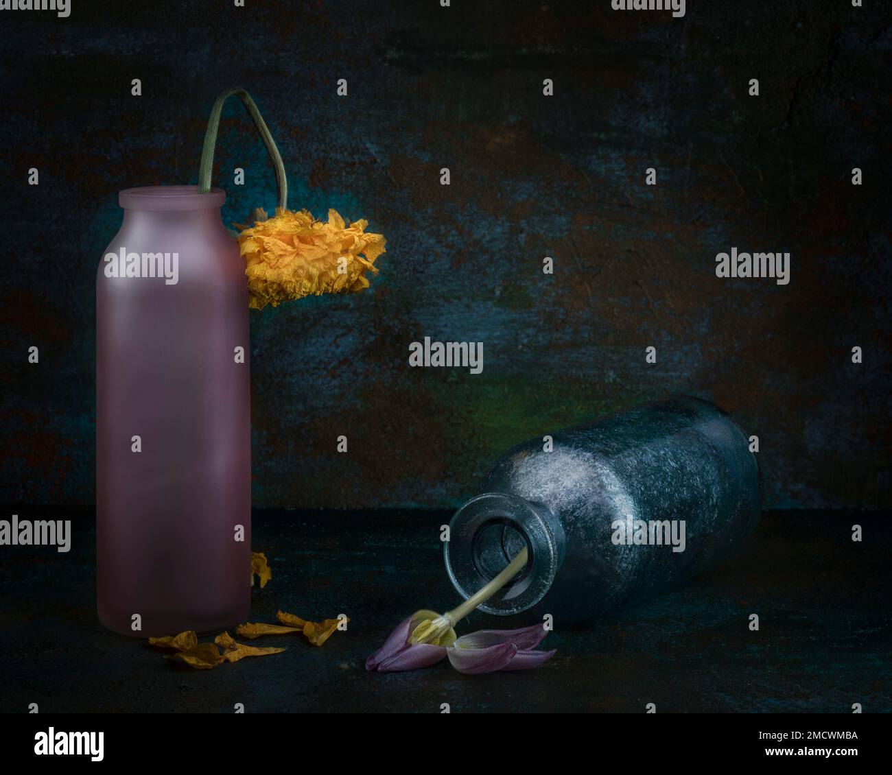 Theme life and death, still life with faded blossoms in colourful glass ...