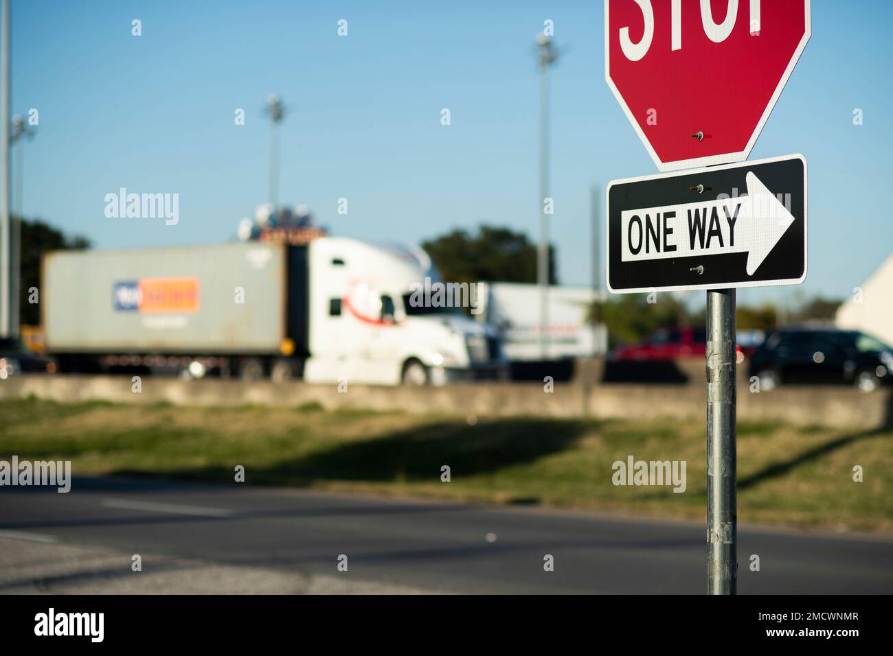 Traffic flows south on Interstate 45 behind a one way sign for the ...