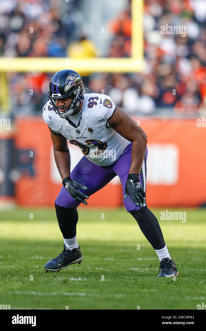 Baltimore Ravens defensive end Calais Campbell (93) runs on the field ...