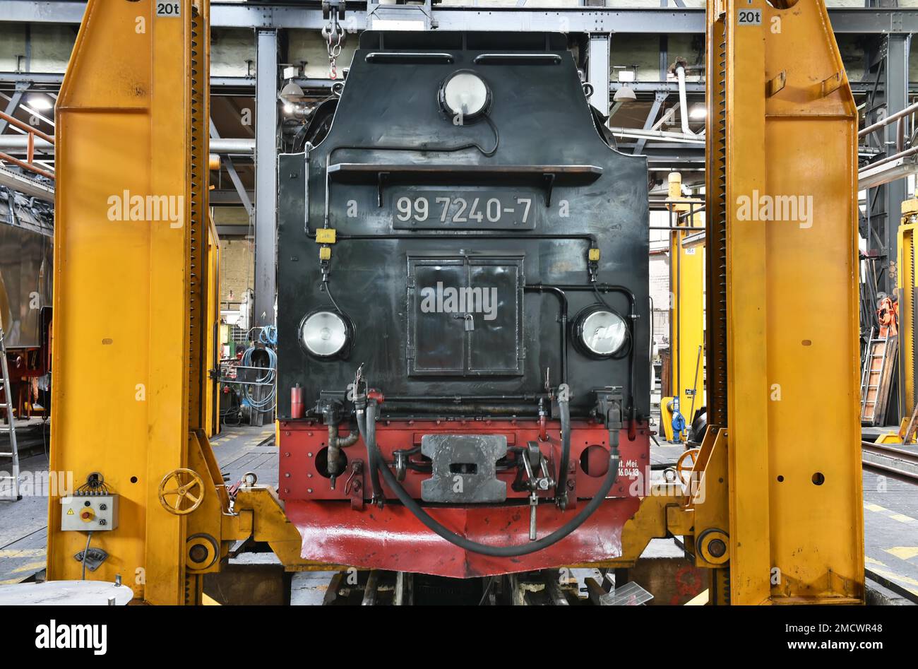 Steam locomotive of the Harzer Schmalspurbahn, HSB, being repaired ...