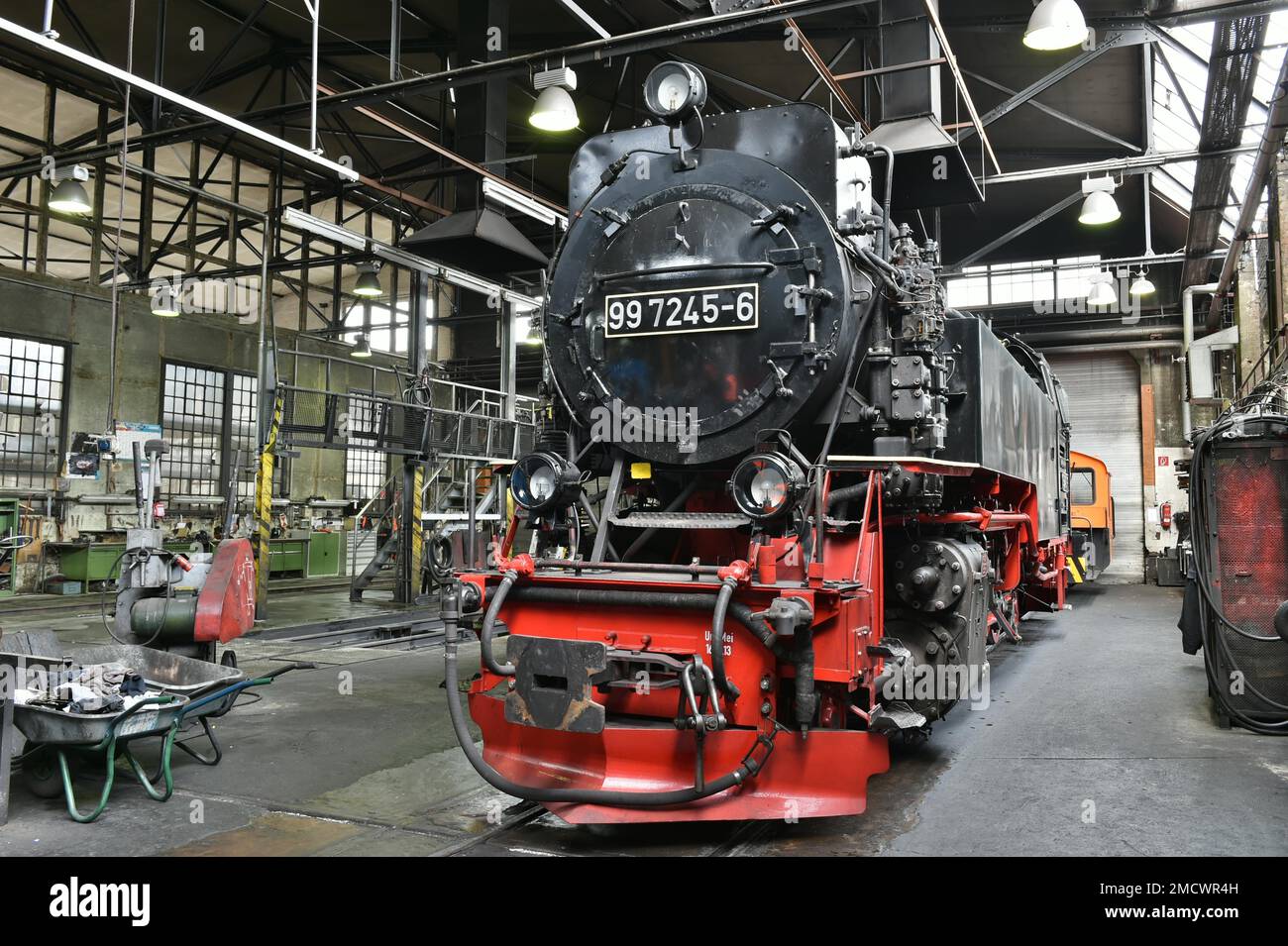 Steam locomotive of the Harzer Schmalspurbahn, HSB, being repaired ...
