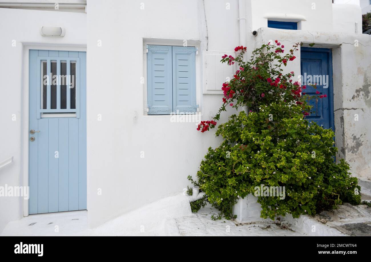 House facade with blue entrance door, shutters and flowers, Cycladic ...