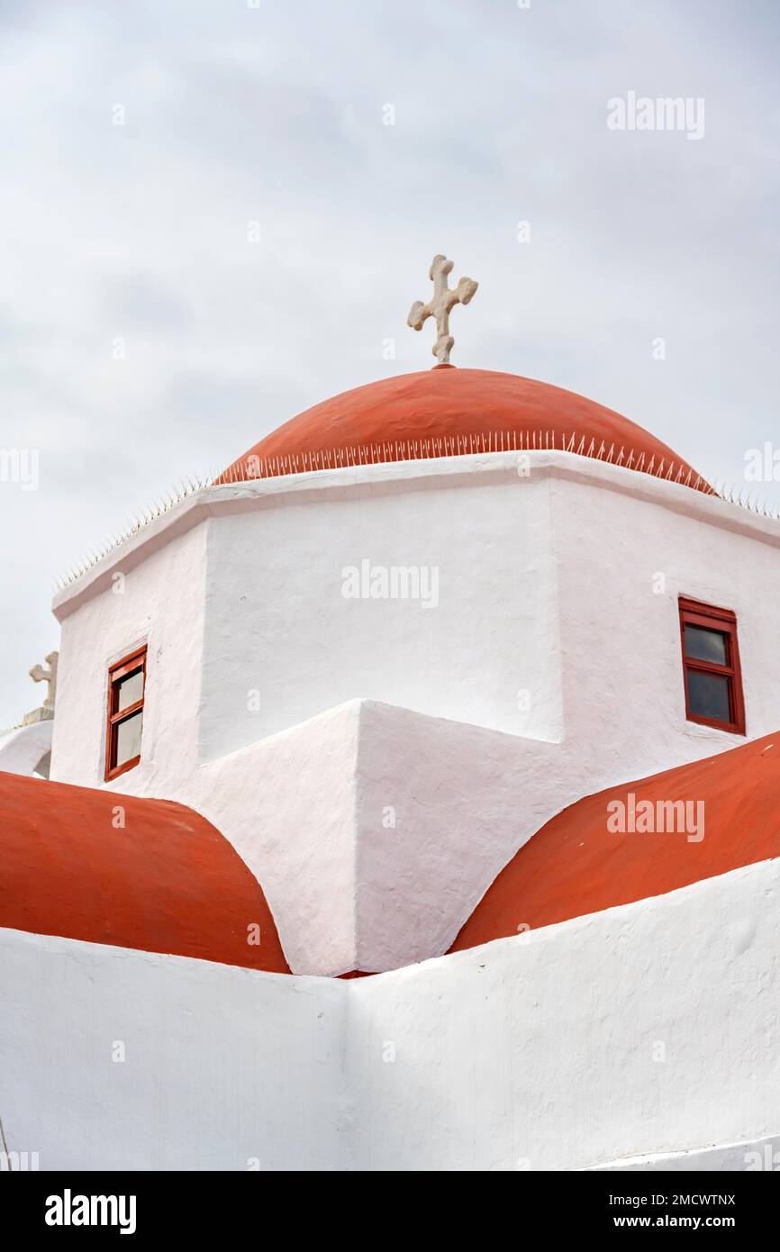 Red dome of a white Cycladic Greek Orthodox church, Mykonos Town ...