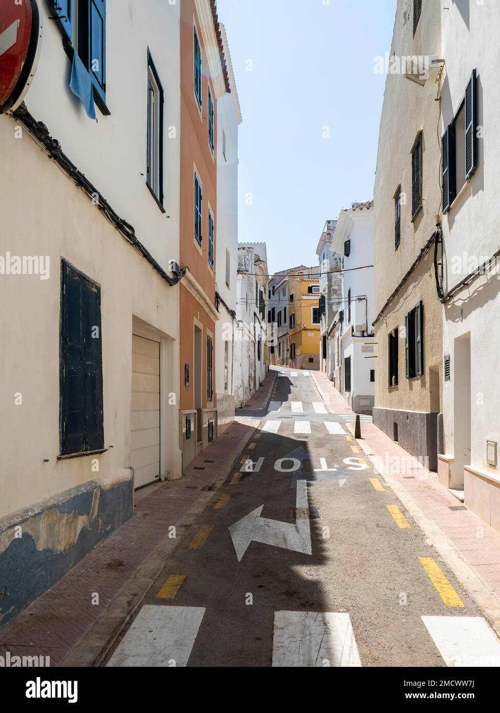 Alley in the historic old town of Mahon, Port de Mao, Menorca, Balearic ...