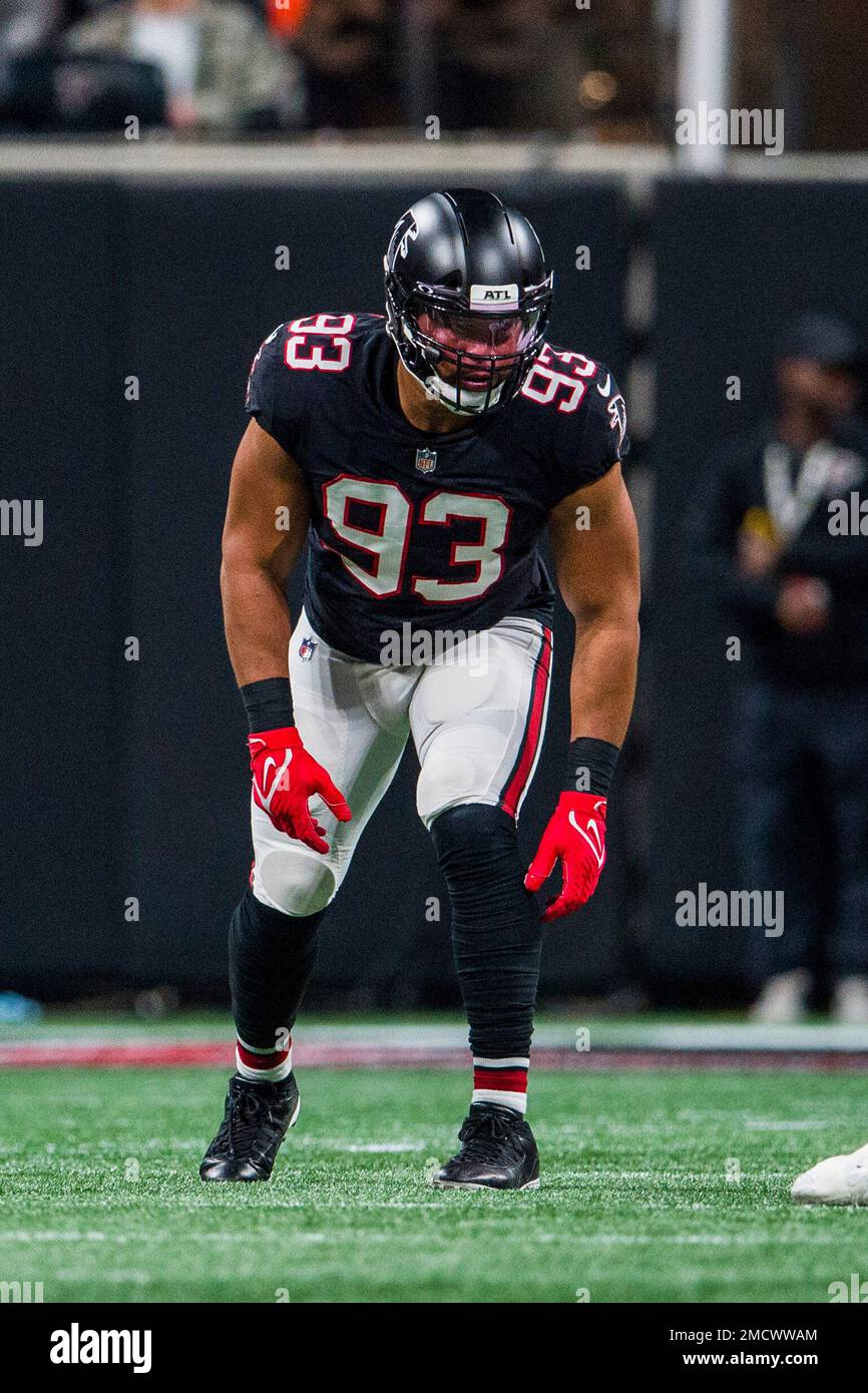 Atlanta Falcons linebacker James Vaughters (93) lines up during the ...