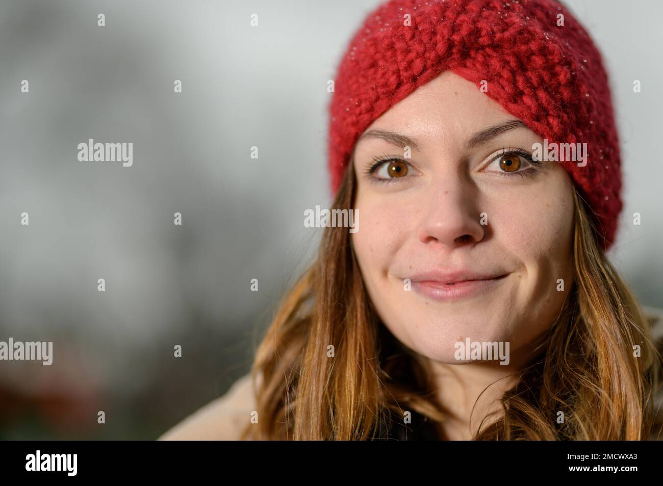 Pretty Young Woman With Long Brunette Hair A Light Brown Cloth Coat