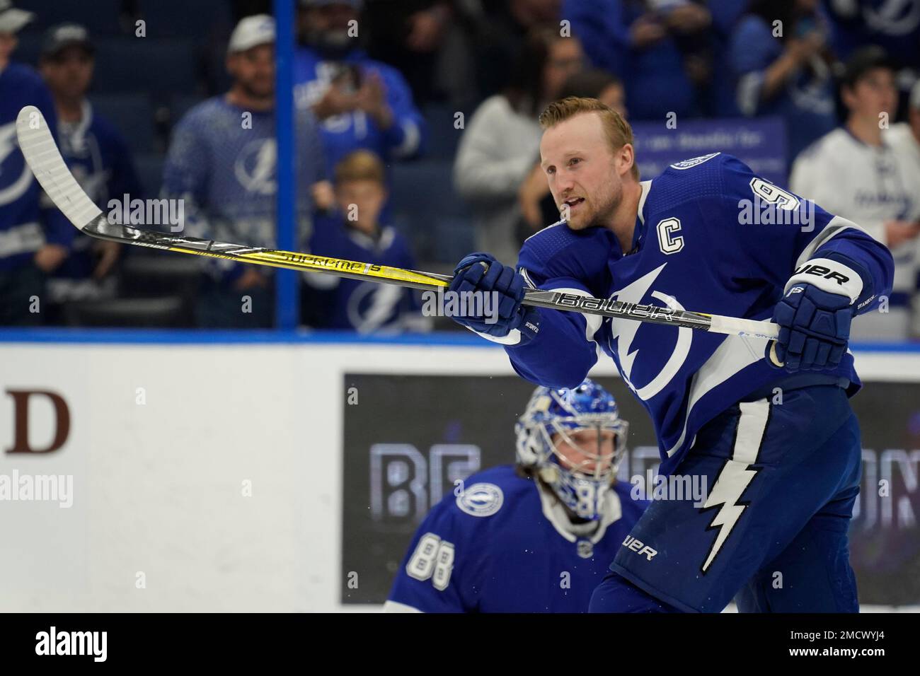 Tampa Bay Lightning center Steven Stamkos (91) before an NHL hockey ...