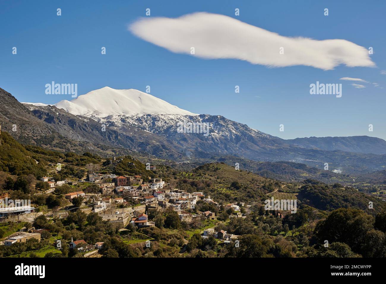 Spring in Crete, Snow-capped mountain, Olive trees, Big white cloud ...
