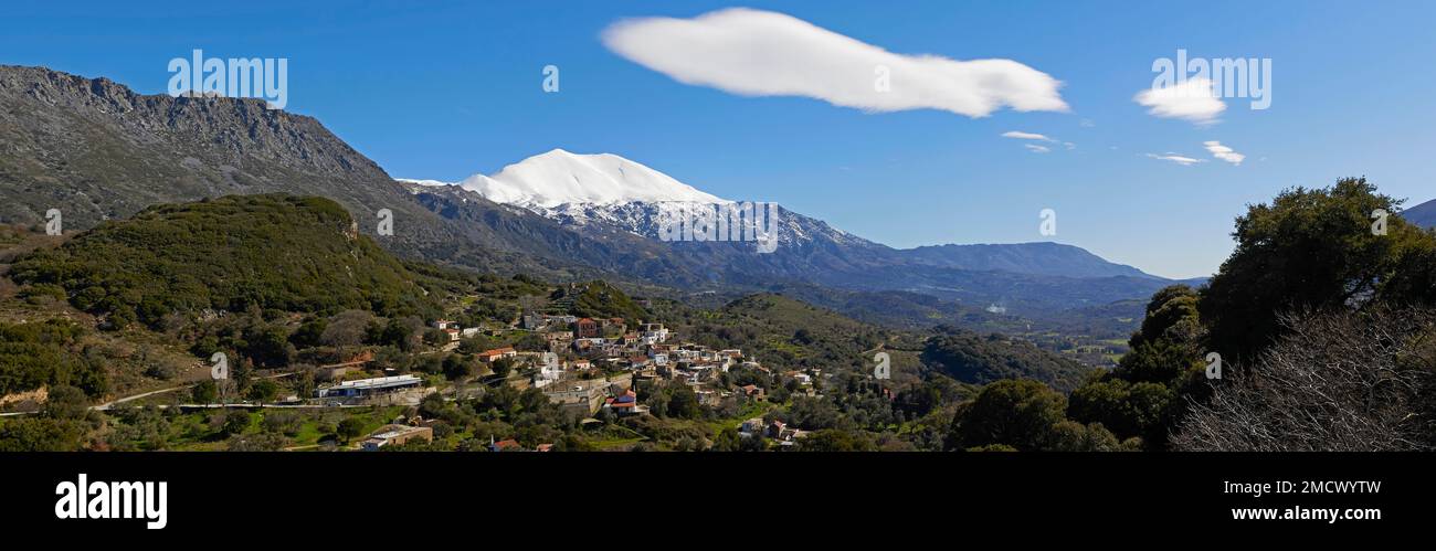 Spring in Crete, Panorama, Psiloritis, Ida Massif, Snow-capped mountain ...