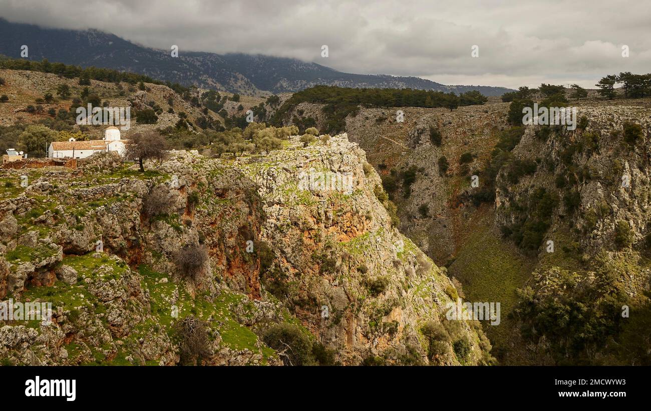 Spring in Crete, abandoned village of Aradena, cross-domed church ...