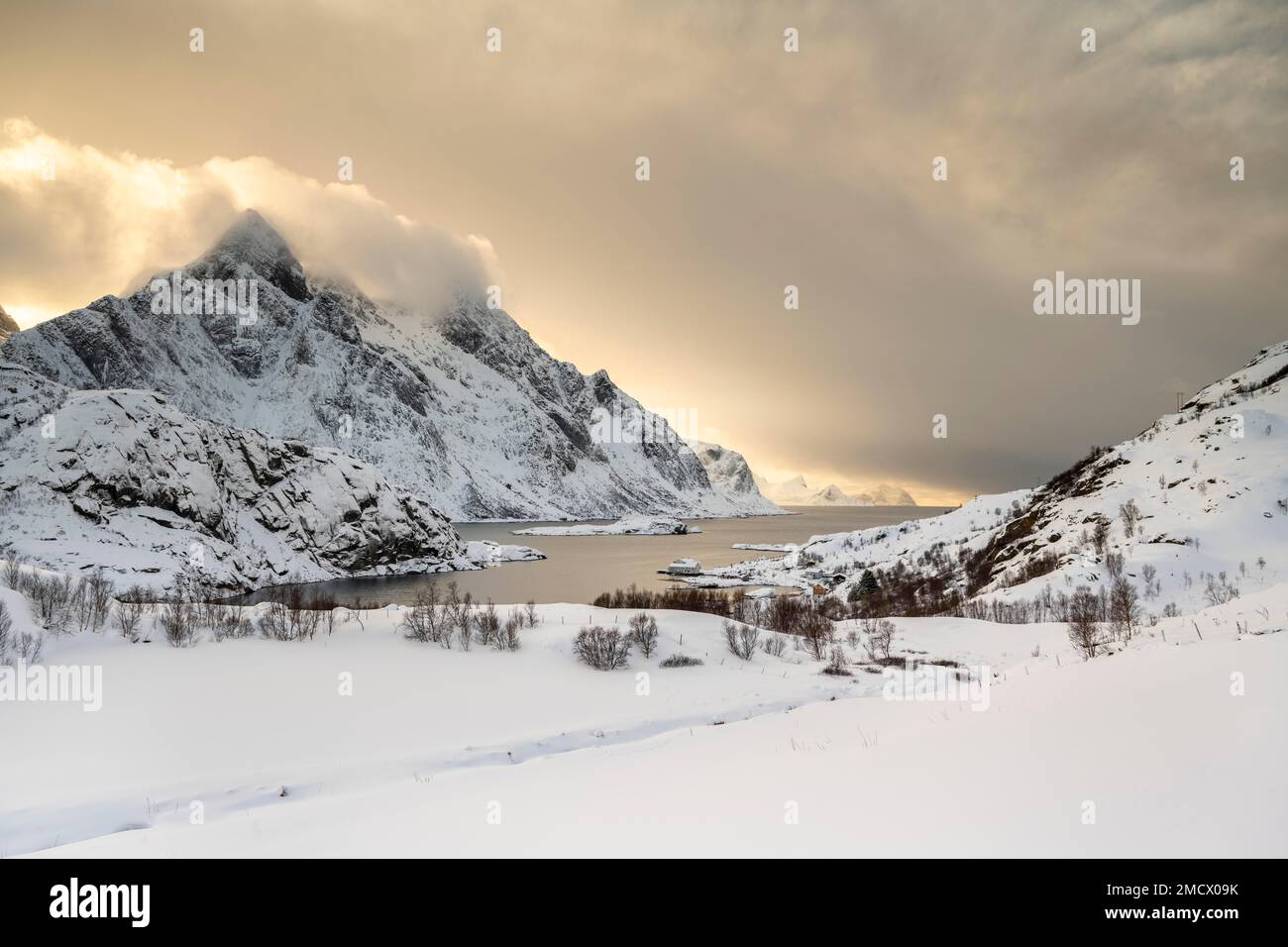 Fjord with snowy mountains, Tangstad, Lofoten, Norway Stock Photo - Alamy