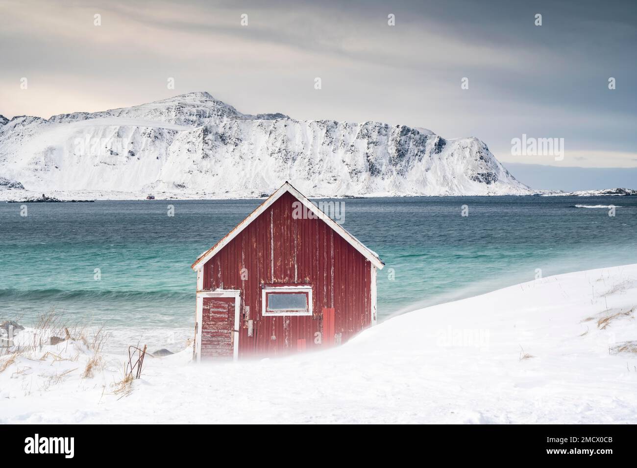 Red Rorbuer fishing hut on the beach in the snow, Ramberg, Flakstadoya ...