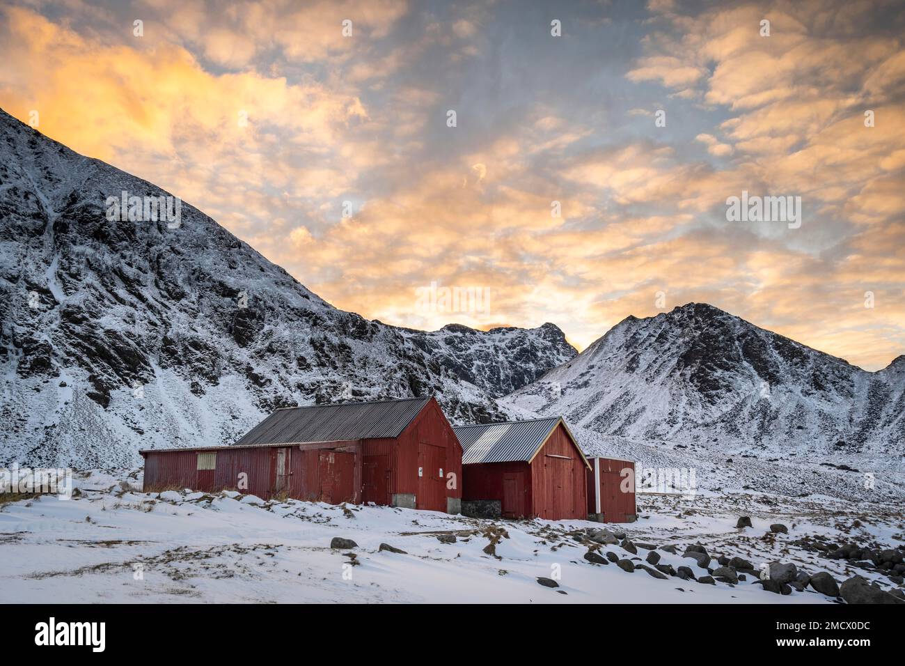 Boat cabins at Unstad Beach, Unstad Beach, Lofoten, Norway Stock Photo ...