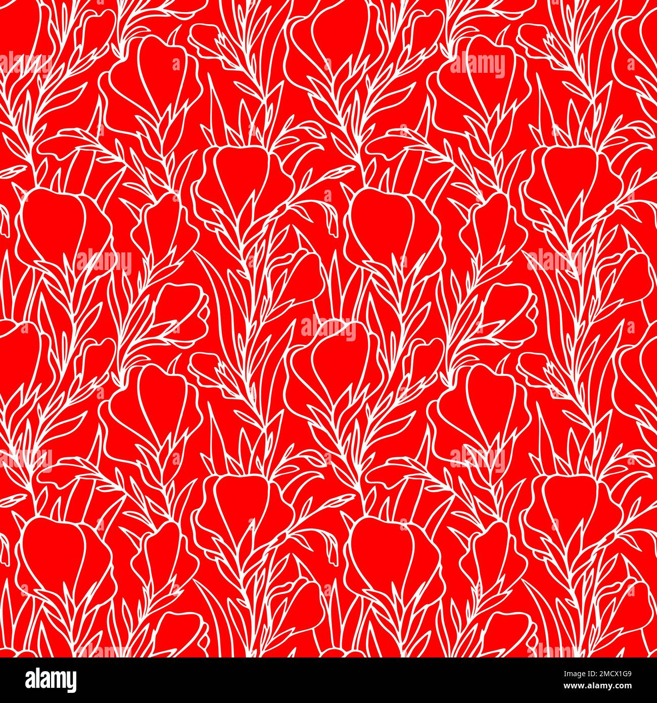 graphic pattern of large contours of white flowers on a red background ...