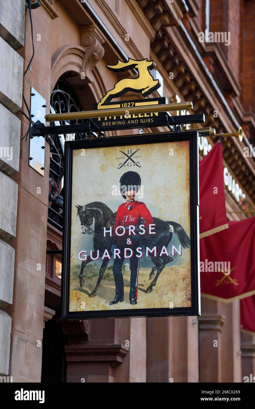 Sign at The Horse & Guardsmen pub, White Hall, Westminster, London ...