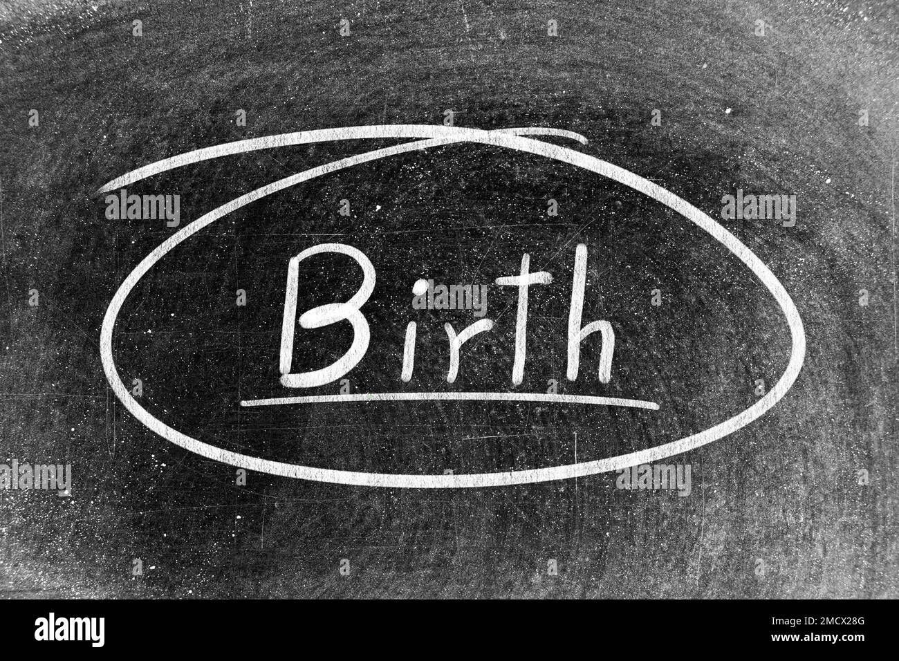 White chalk hand writing in word birth and circle shape on blackboard ...