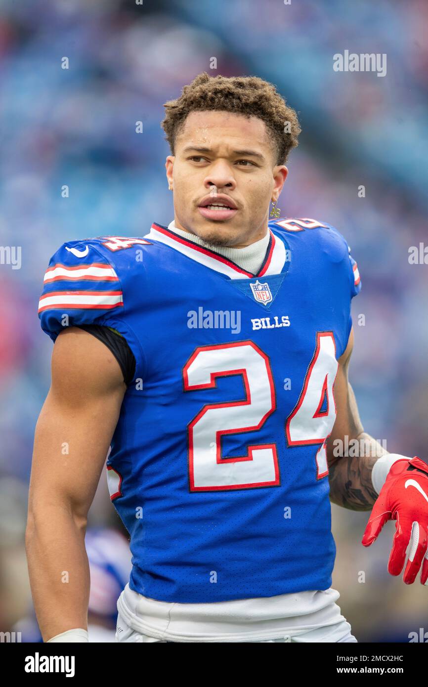 Cornerback (24) Taron Johnson of the Buffalo Bills warms up before ...
