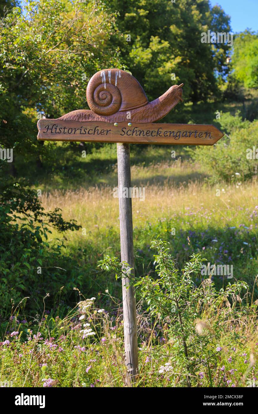 Signpost Historic Snail Garden, wooden sign with snail replica, snail ...