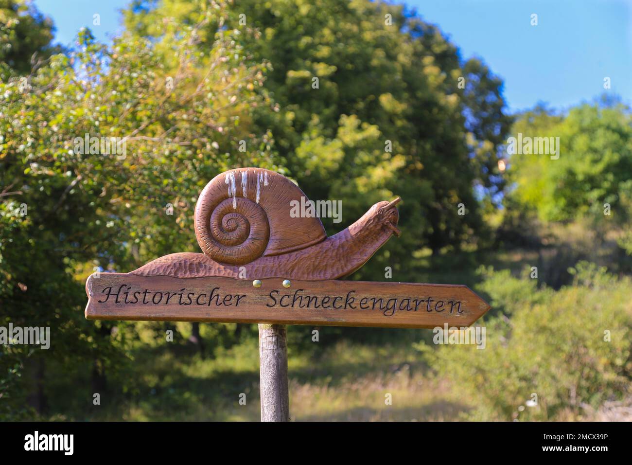 Signpost Historic Snail Garden, wooden sign with snail replica, snail ...