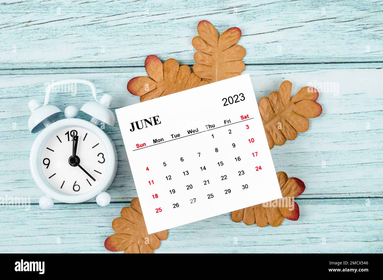 June 2023 Monthly calendar year and alarm clock with dried leaves on ...