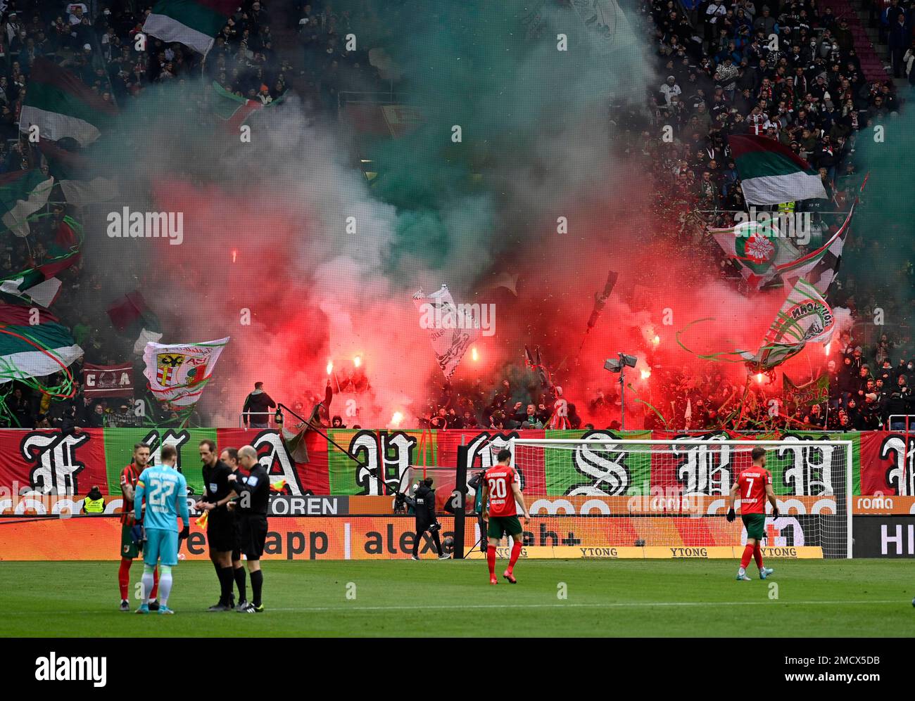 Bengalos, pyrotechnics, fireworks in front of Bundesliga match, WWK ...