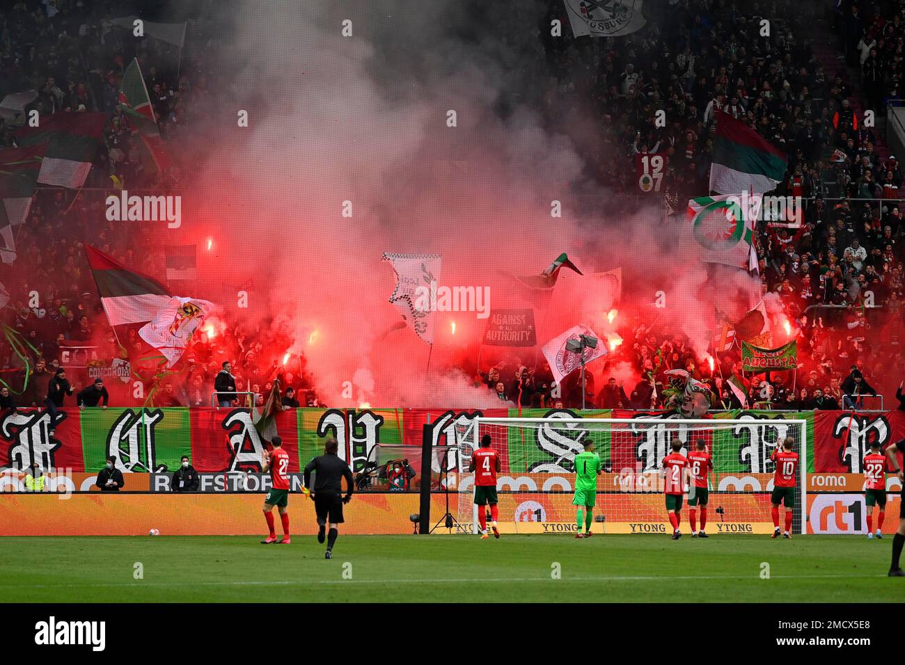 Bengalos, pyrotechnics, fireworks in front of Bundesliga match, WWK ...