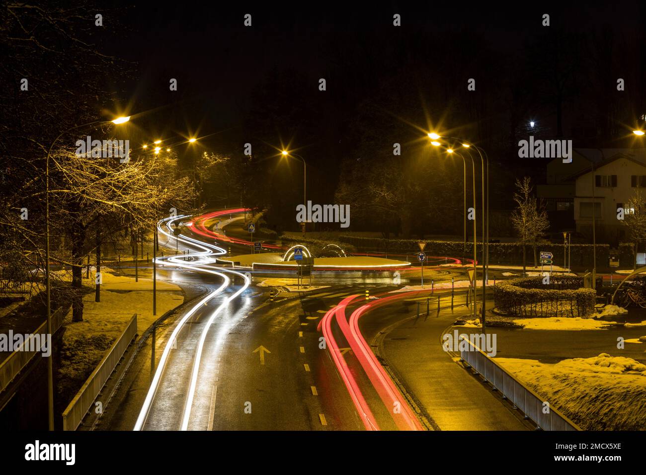 Roundabout with light lanes, street lighting, Bendern, Gamprin, Rhine ...